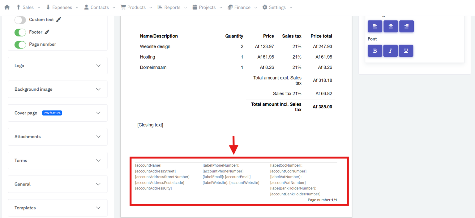 Set footers and signature to your invoice/document | Invoice Office